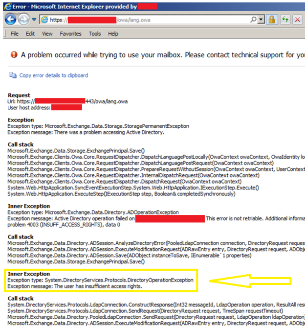 "Exception message: The user has insufficient access rights." while ...
